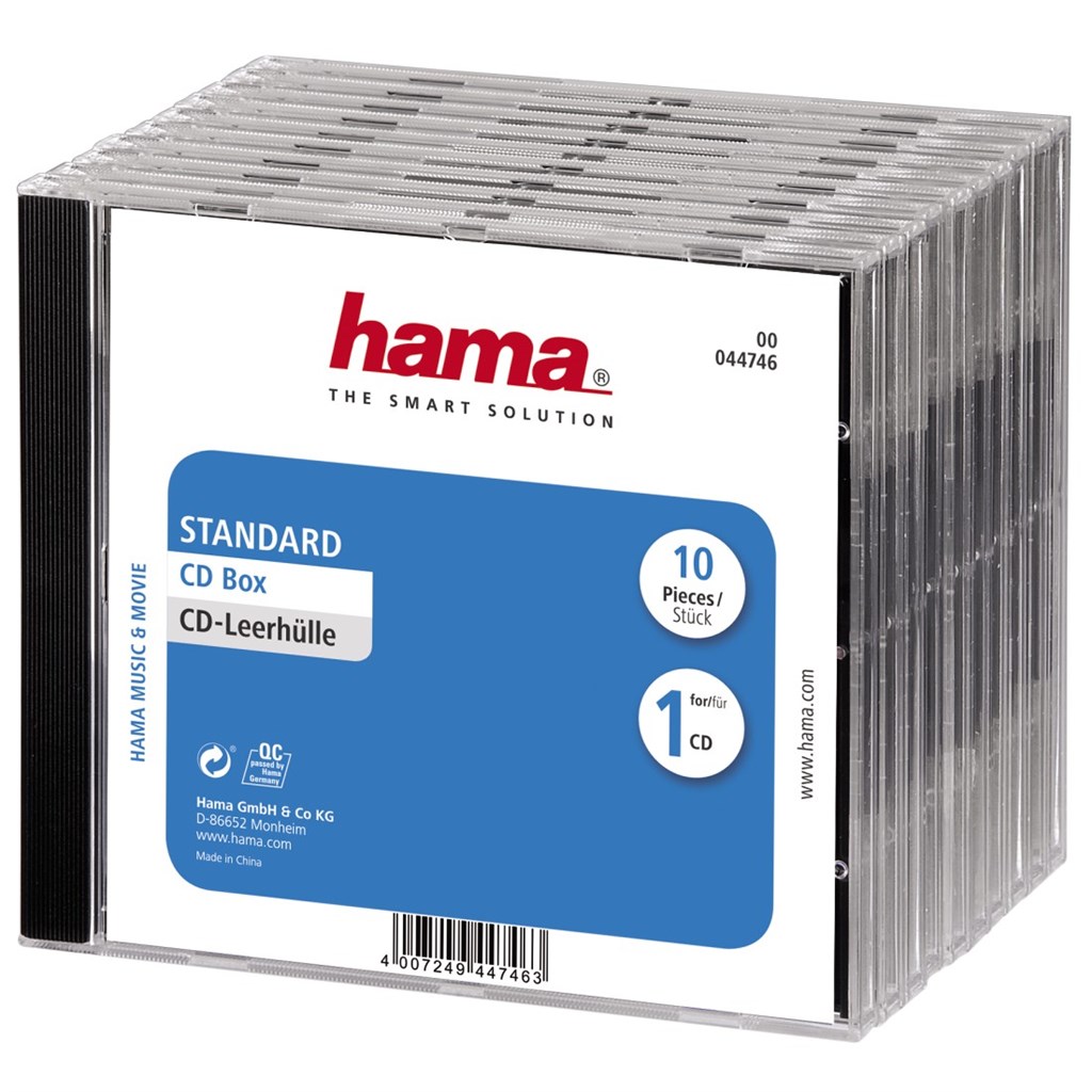 Hama CD Standard box, náhradný obal na 1 CD/DVD, priehľadný/čierny, 10 ks