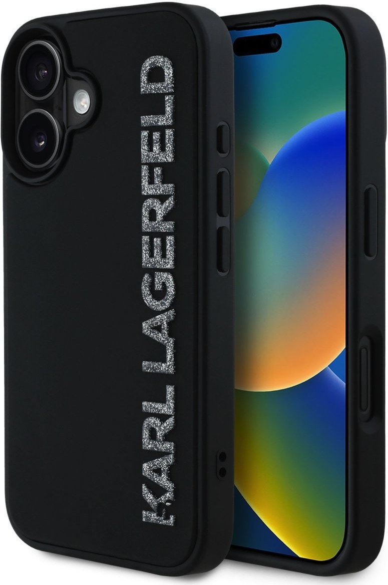 Karl Lagerfeld 3D Rubber Glitter Logo kryt pre iPhone 16, čierny