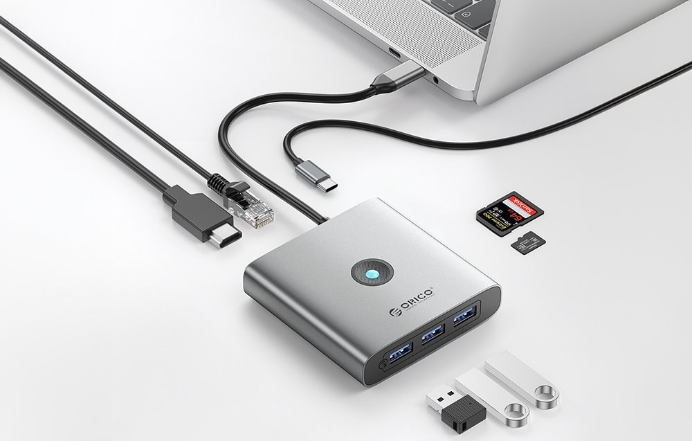 Orico hub 8v1 USB-A 3.0, PD100W, RJ45 (1000Mbps), HDMI (4K@60Hz), SD ...
