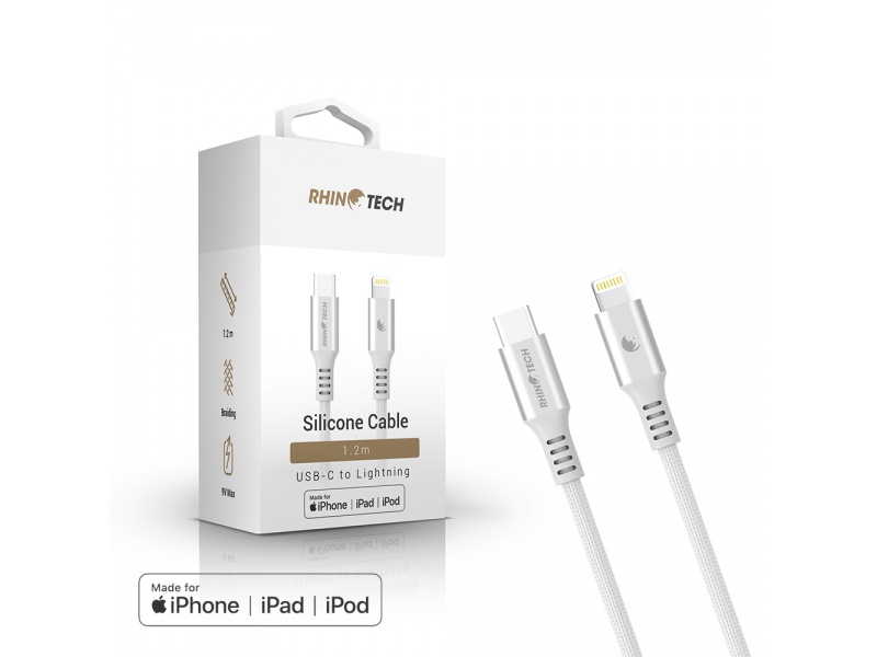RhinoTech LITE MFi, USB-C na Lightning, 1.2m, strieborný